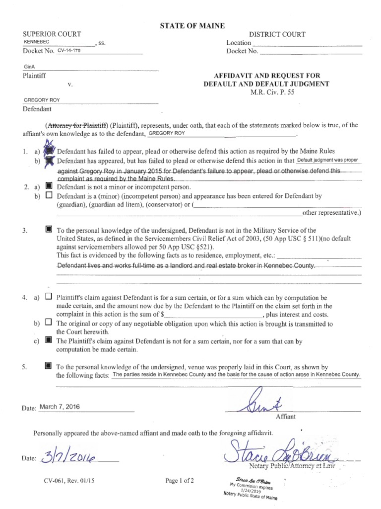 Gina V Roy Affidavit and Request For Default and Default Judgment | PDF ...