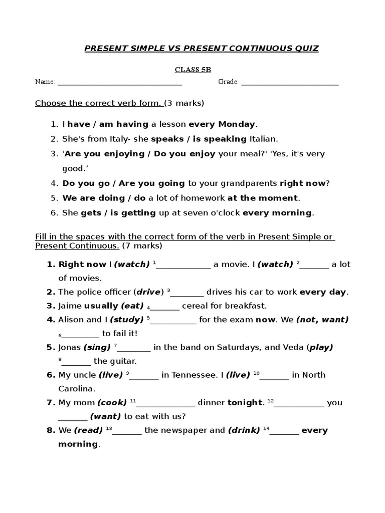 Present Simple Vs Present Continuous Quiz | PDF