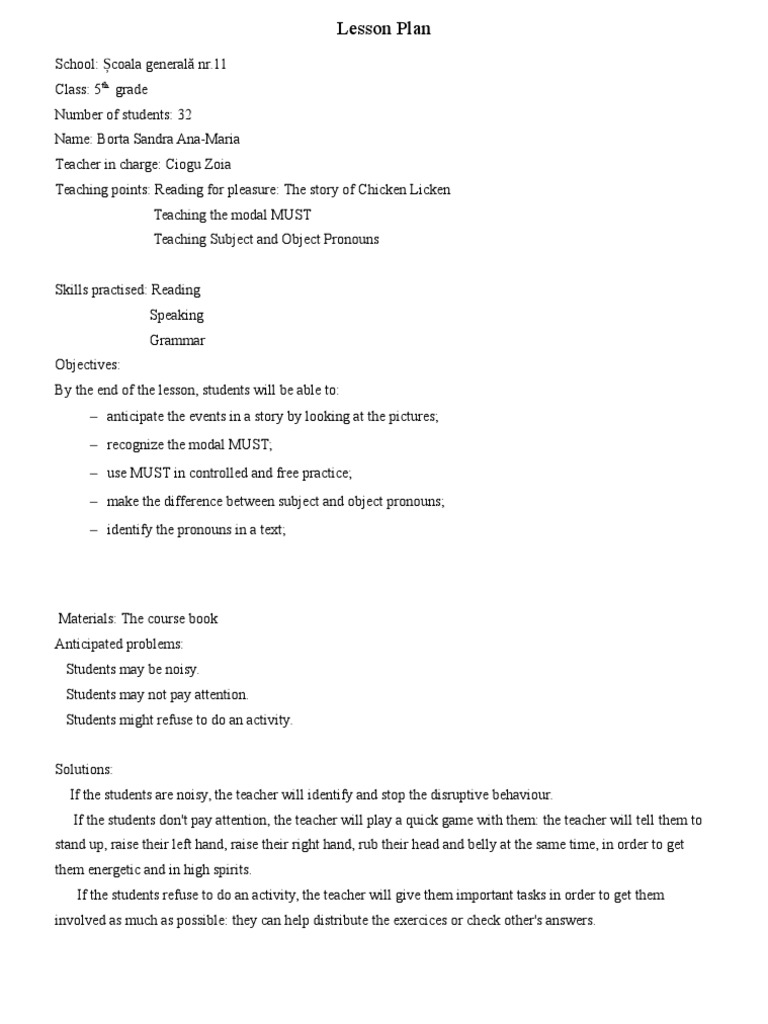 The Story of Chicken Licken-LESSON PLAN | PDF | Chicken | Subject (Grammar)