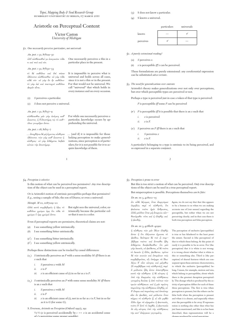 Aristotle On Perceptual Content: Victor Caston | PDF | Perception ...