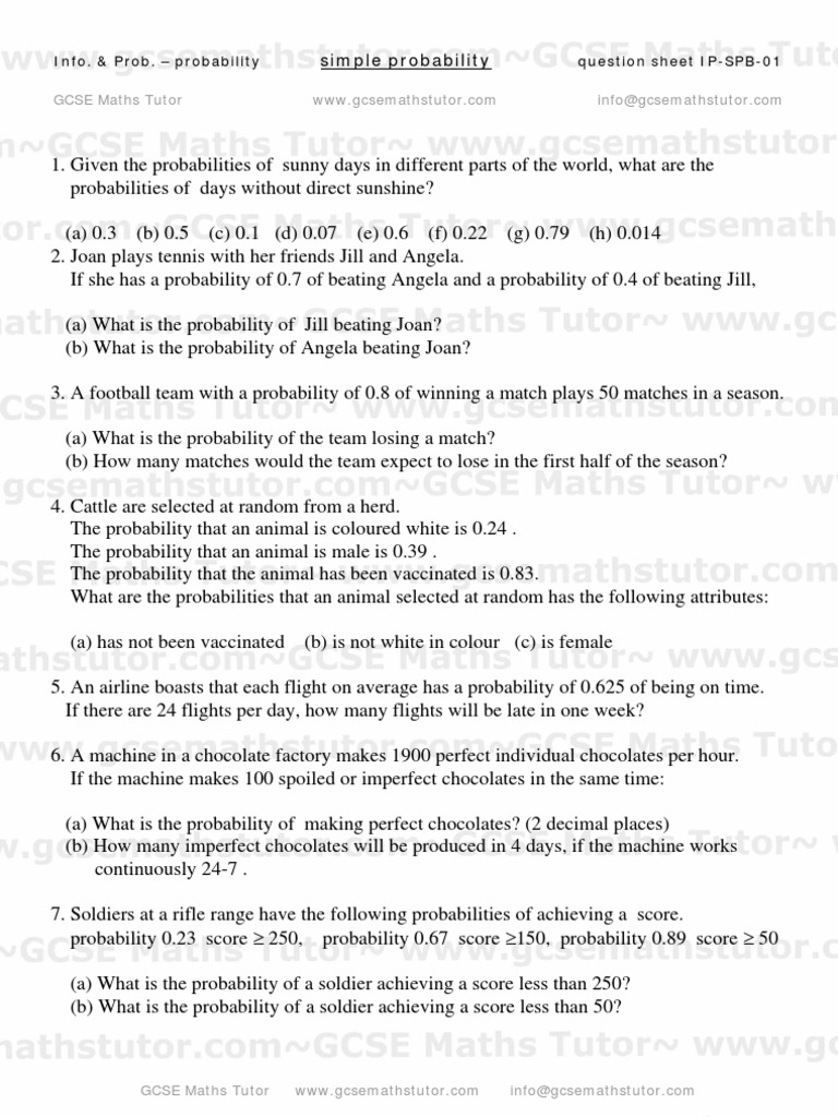 Simple Probability Worksheet, Probability Revision From GCSE Maths ...