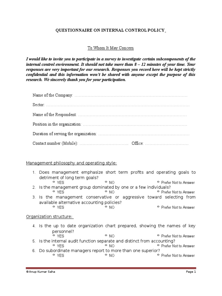 Standard Questionnaire For IC Survey | PDF | Internal Audit | Employment
