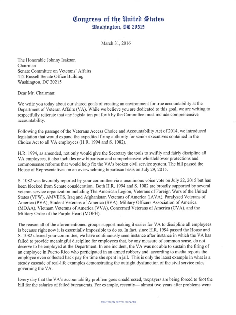 Chairman Miller Letter To Senate VA Committee | PDF