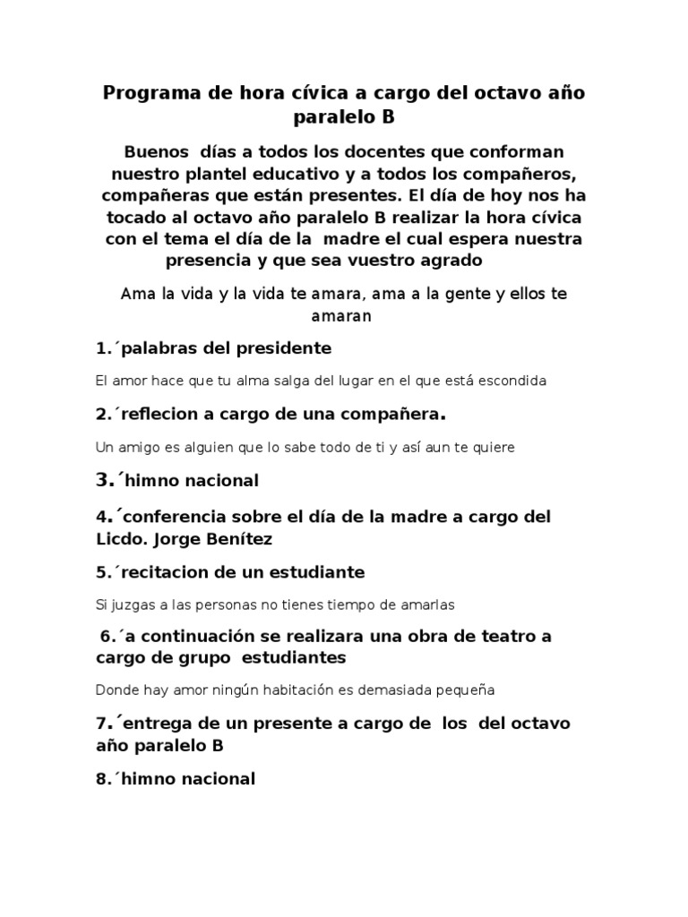 Programa de Hora Cívica A Cargo Del Octavo Año Paralelo B | PDF