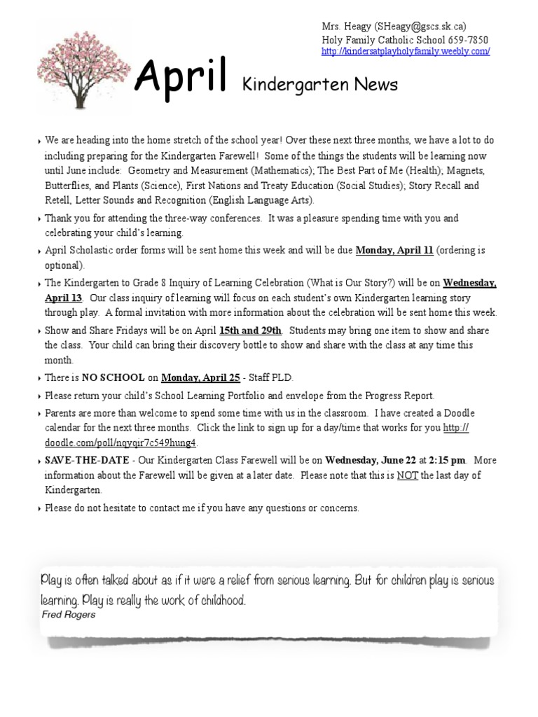 April 2016 Classroom Newsletter Holy Family | PDF
