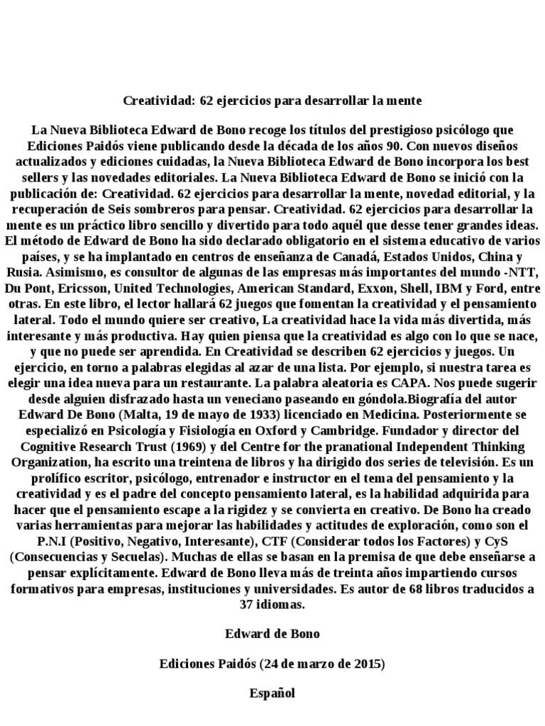 Descargar Creatividad 62 Ejercicios para Desarrollar La Mente | PDF | Creatividad | Cognición