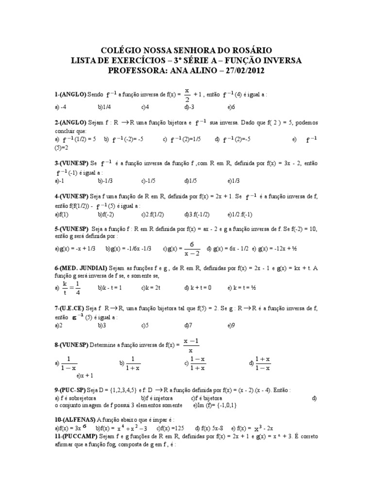 Função Inversa em Lista de Exercícios | PDF | Função (Matemática ...