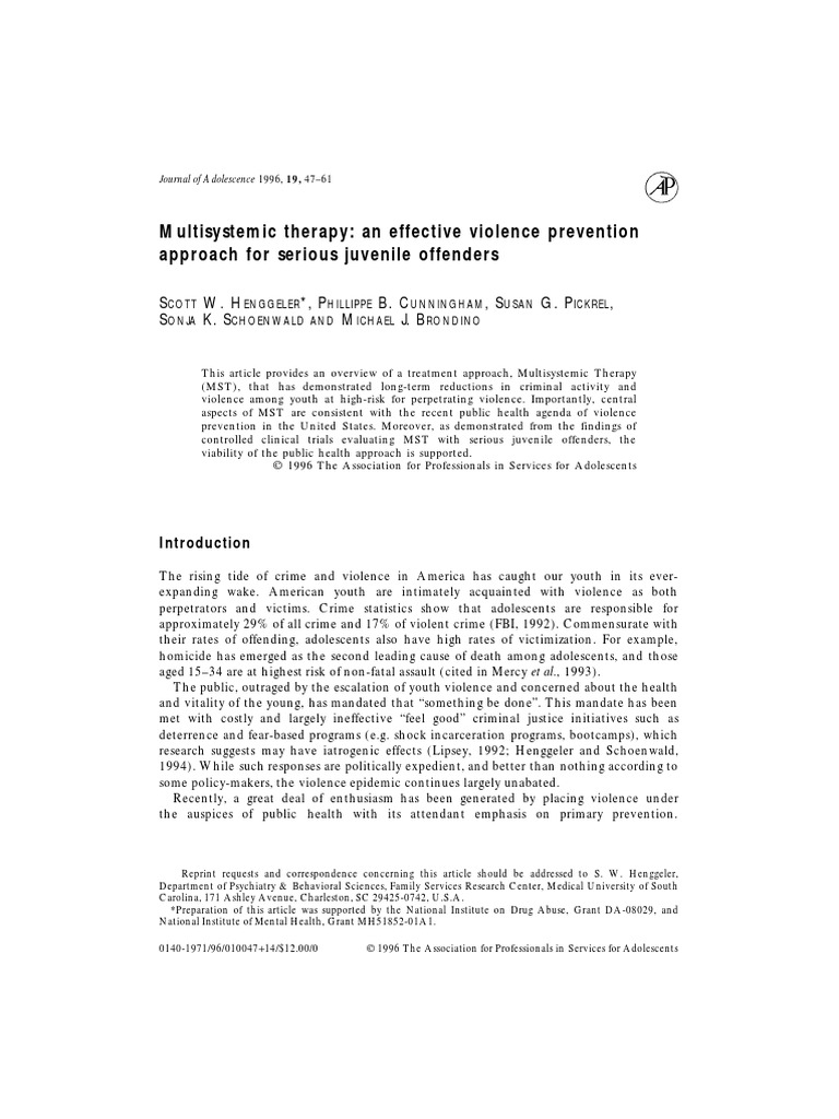 Multisystemic Therapy: An Effective Violence Prevention Approach For ...
