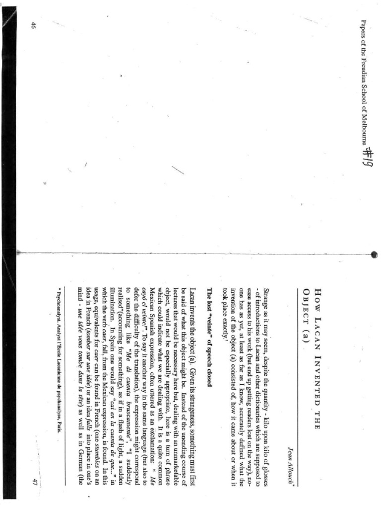 ALLOUCH - How Lacan Invented The Object A PDF | PDF