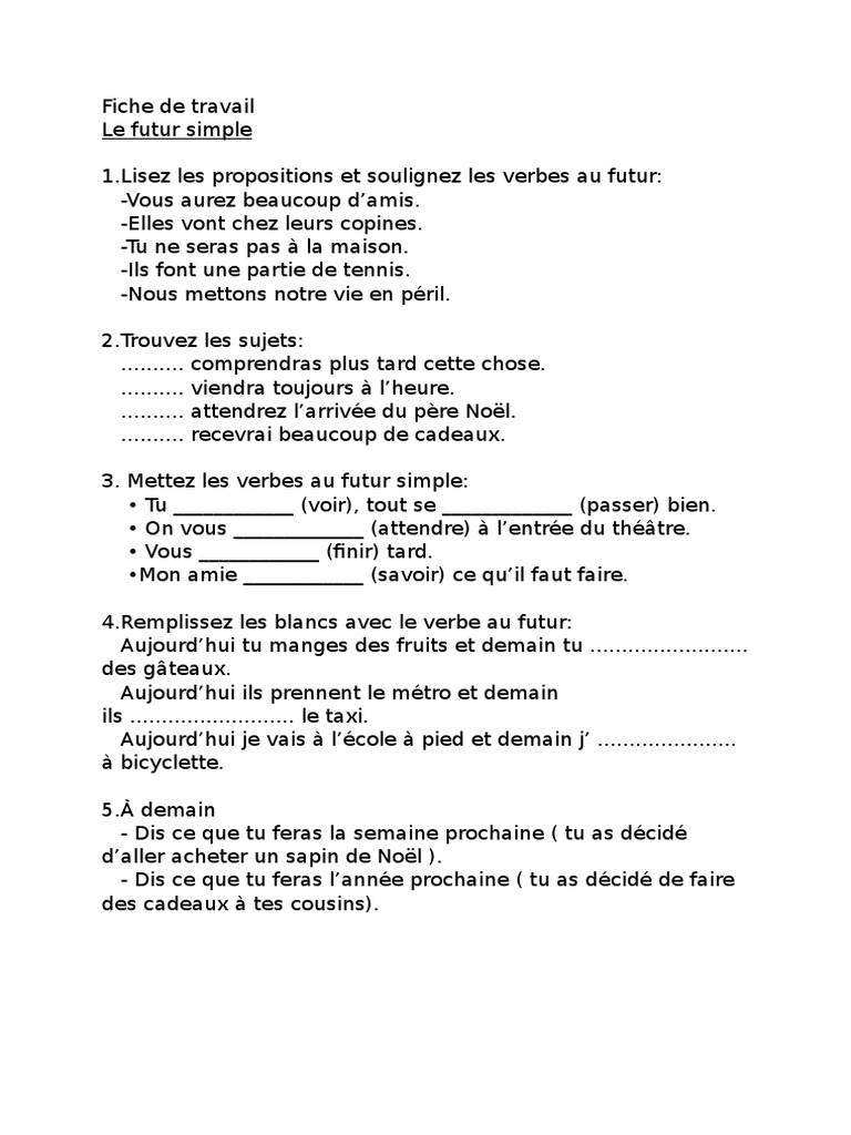 Fiche de Travail, Futur Simple | PDF