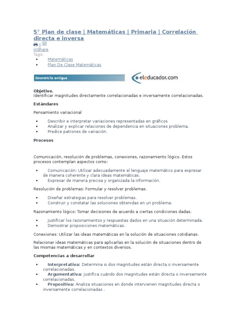 Plan Correlacion Directa e Inversa | PDF | Lógica | Enseñanza de matemática