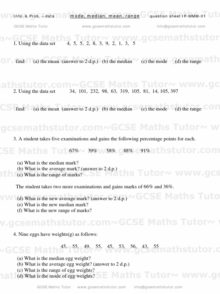 Mean, Mode, Median, Range Worksheet, Information Handling Revision From ...