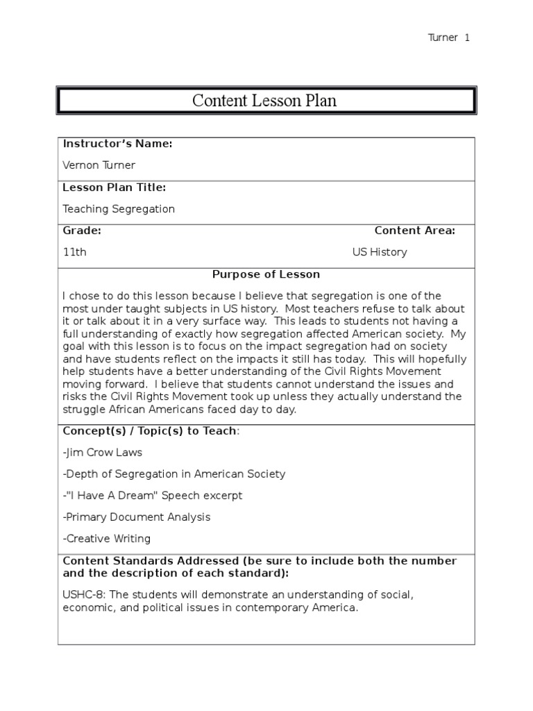 Artifact 2 Segregation Lesson Plan | PDF | Racial Segregation In The ...