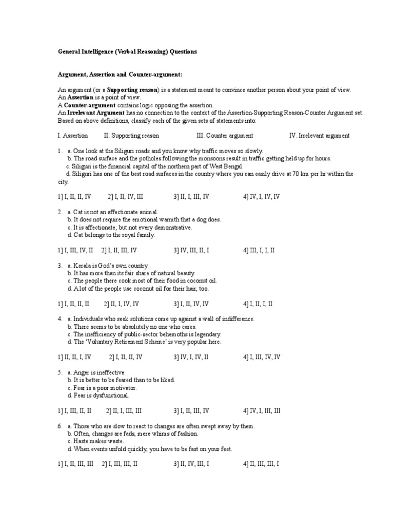 Verbal Reasoning_argument, Assertion and Counter-Argument | Jeans ...