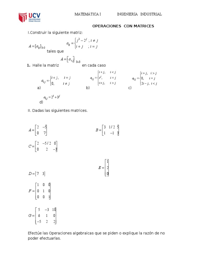 Hoja de Práctica Con Operaciones Con Matrices | PDF | Matriz (Matemáticas) | Queso