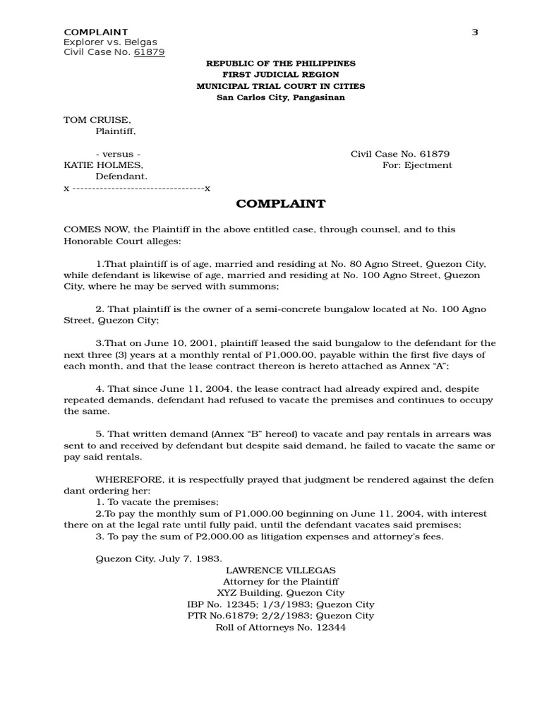Complaint Ejectment | PDF | Lawsuit | Complaint
