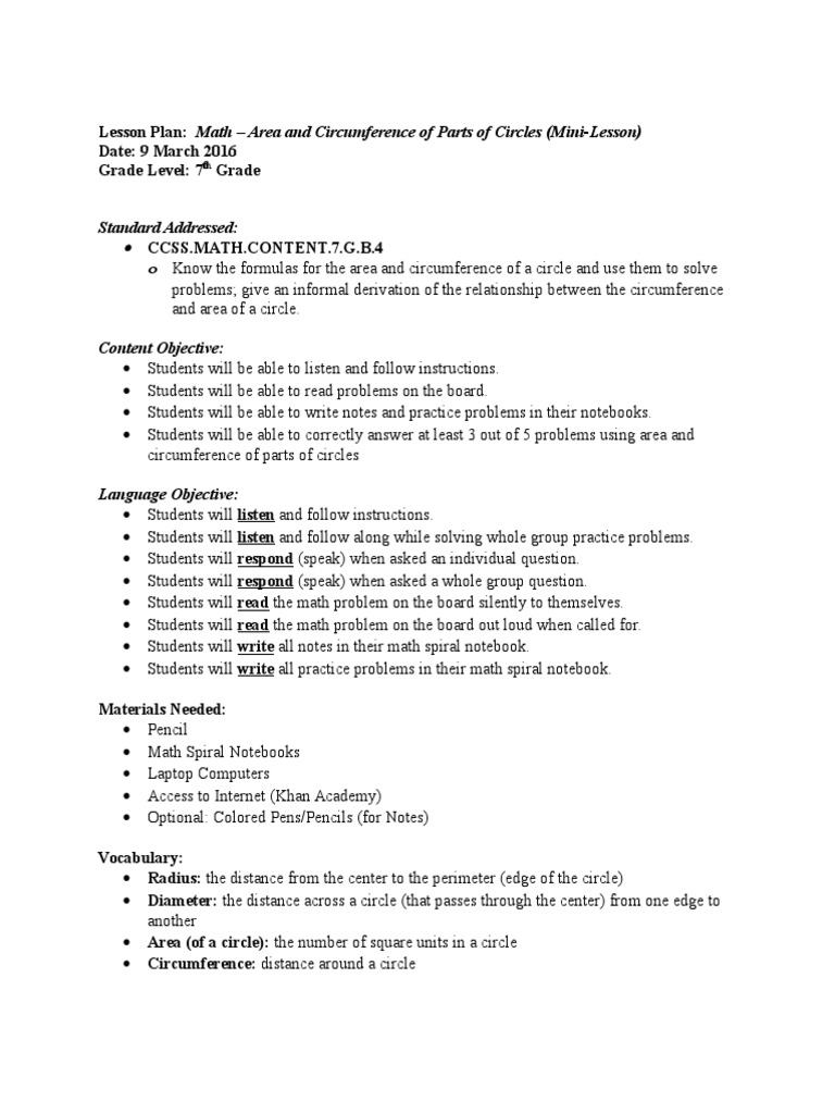 Formal Observation Lesson Plan - Math - Area and Circumference of Parts ...