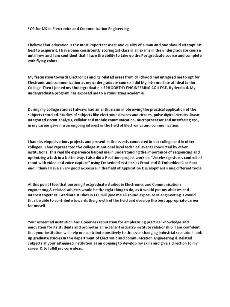 Sop | Electrical Engineering | Undergraduate Education