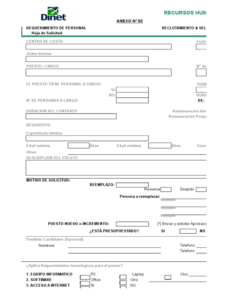 Anexo Nº 02 Formato de Requerimiento de Personal | Recursos humanos ...