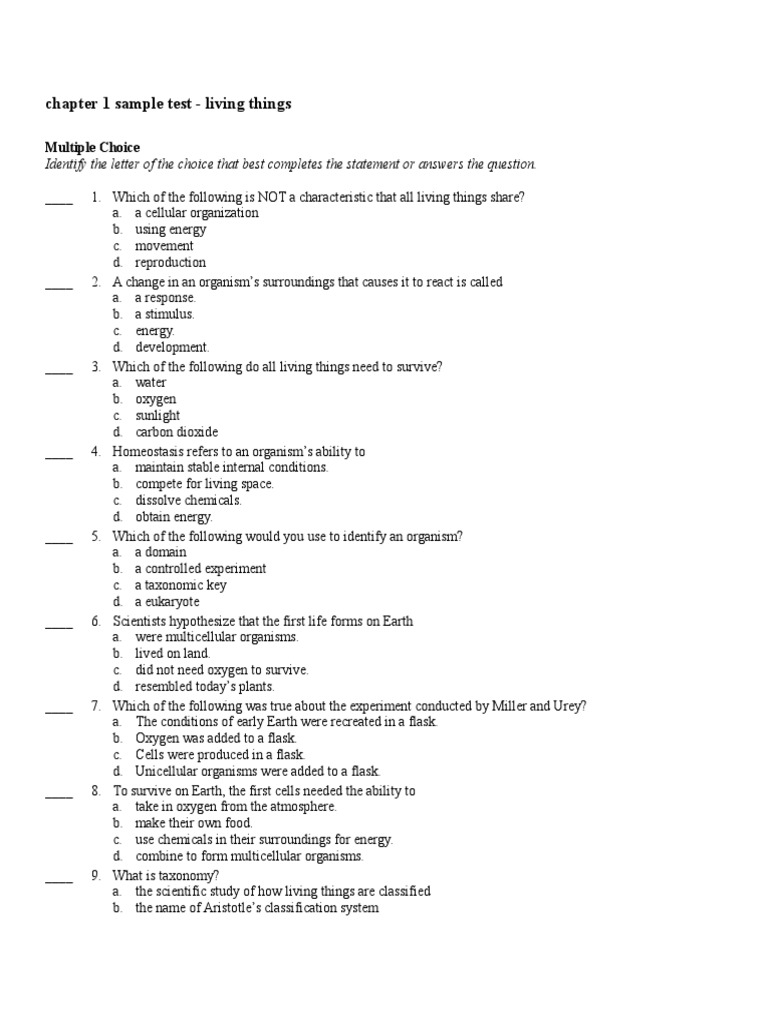 Chapter 1 Sample Test Living Things | PDF | Organisms | Taxonomy (Biology)