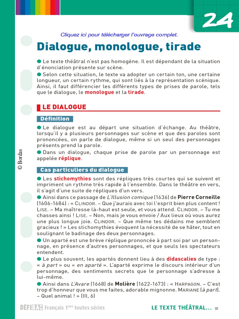 Fiche Defibac Dialogue Monologue Tirade | PDF | Divertissement | Théâtre