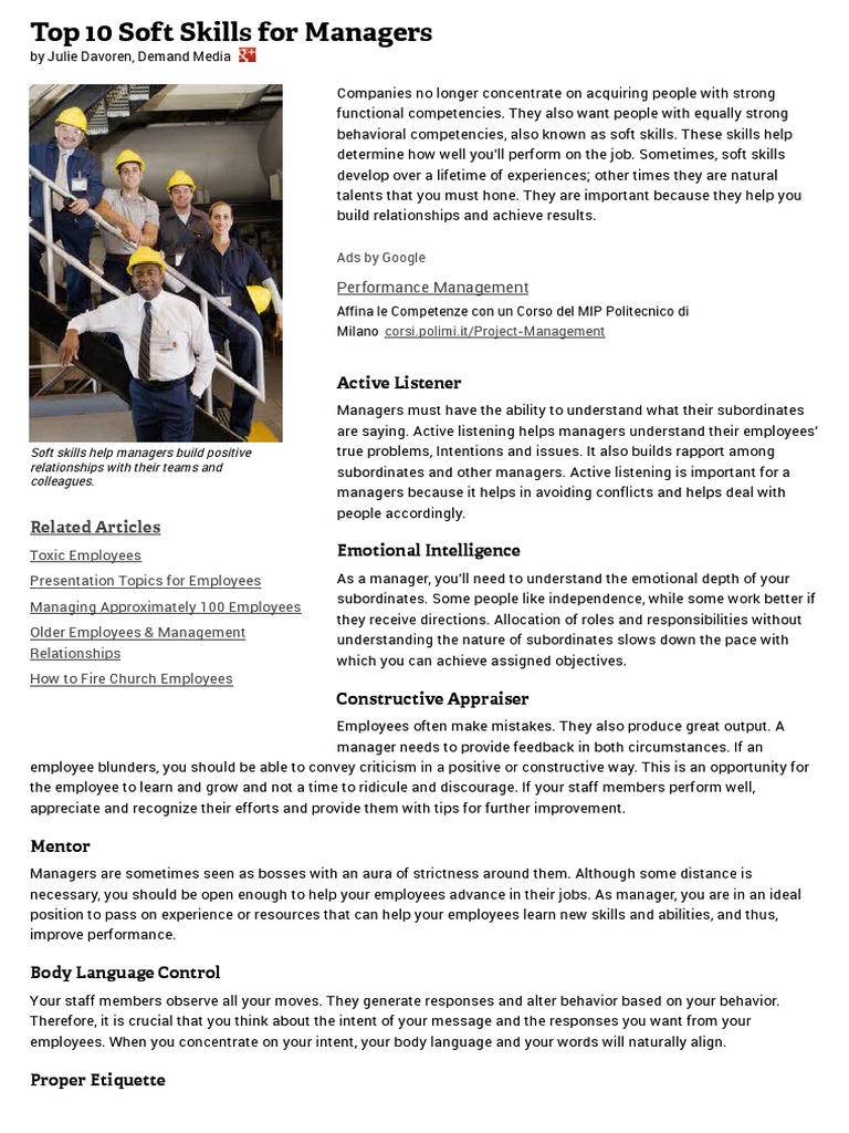 Chron - Top 10 Soft Skills For Managers | PDF | Intention | Employment