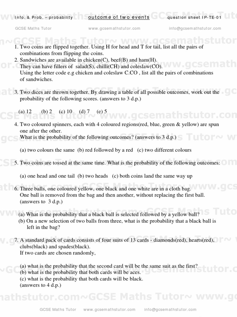 Two Independent Events Worksheet, Probability Revision From GCSE Maths ...