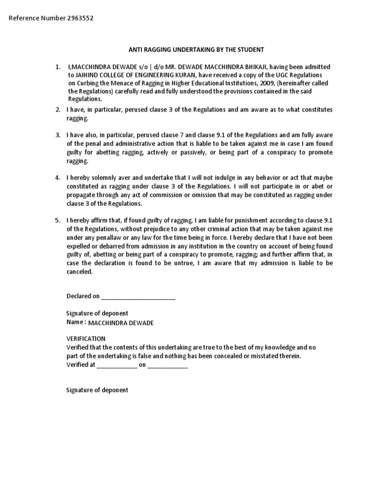 Anti-Ragging Student Undertaking Form | PDF | Law
