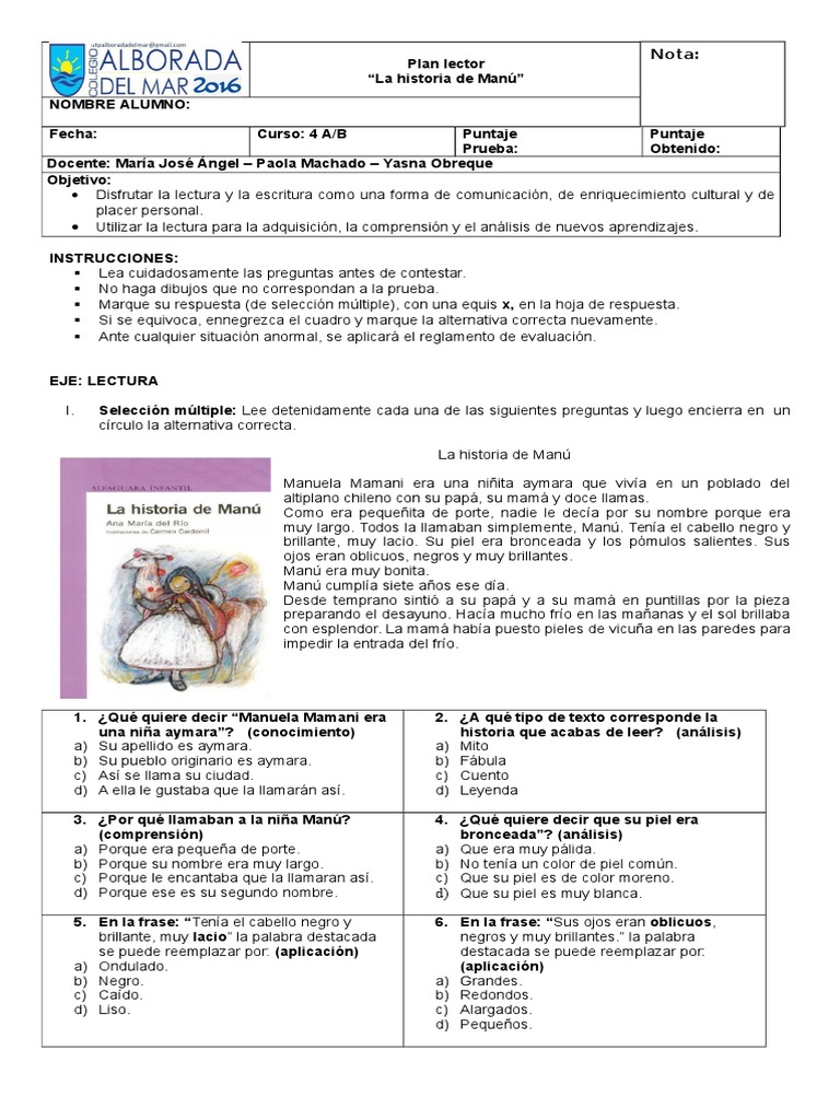 Prueba sobre "La historia de Manú" | PDF