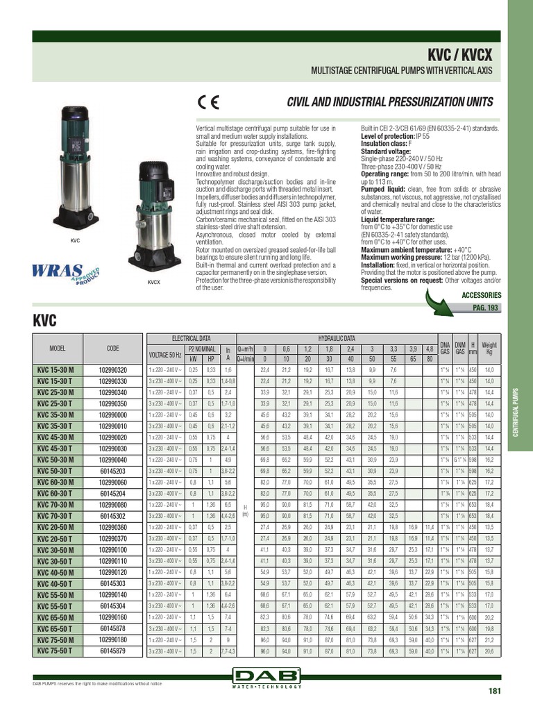 Dab Pump Size Charts | PDF | Pump | Electric Motor