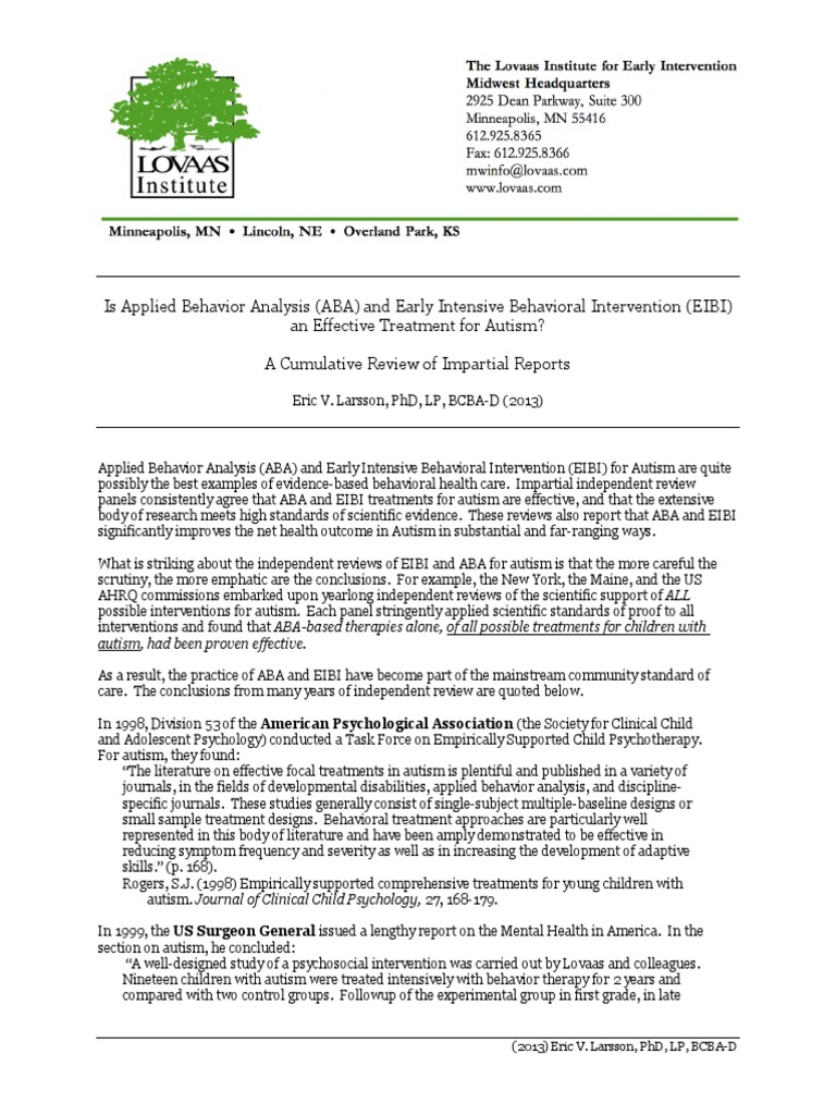 Larsson Is ABA and EIBI An Effective Treatment For Autism | PDF ...
