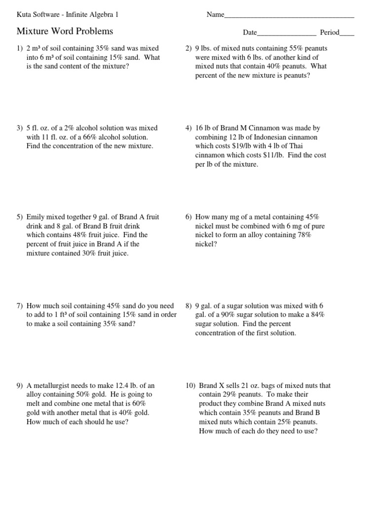 Mixture Word Problems PDF Nickel Soil