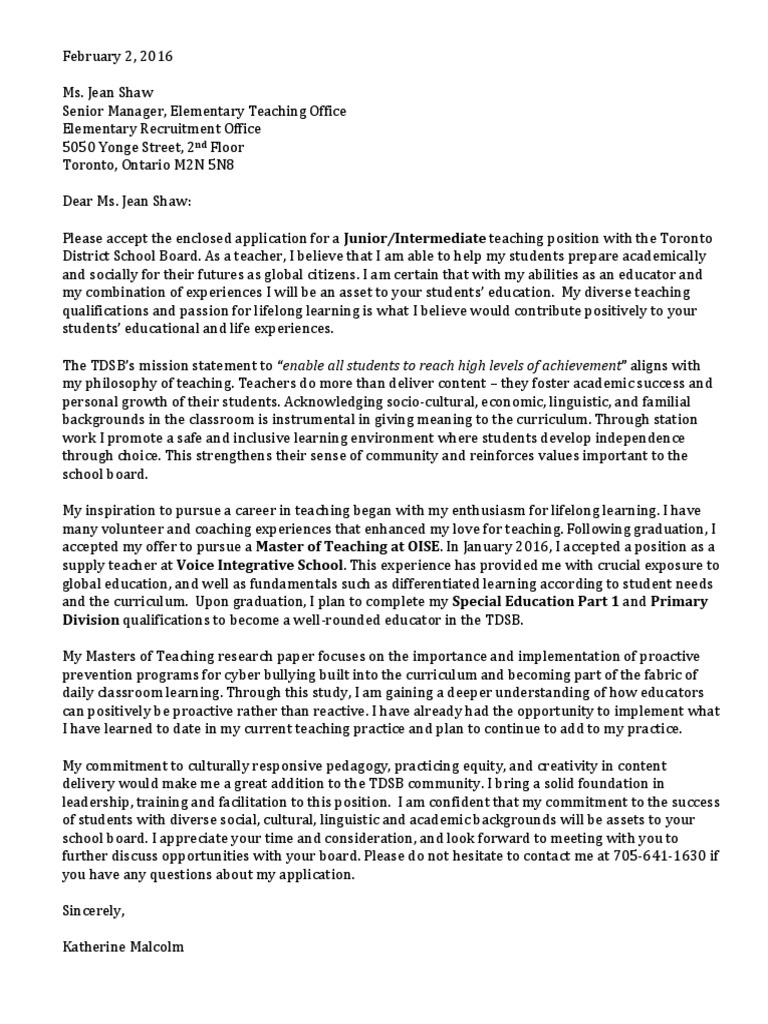 TDSB Cover Letter Katherine Malcolm | PDF | Teachers | Curriculum