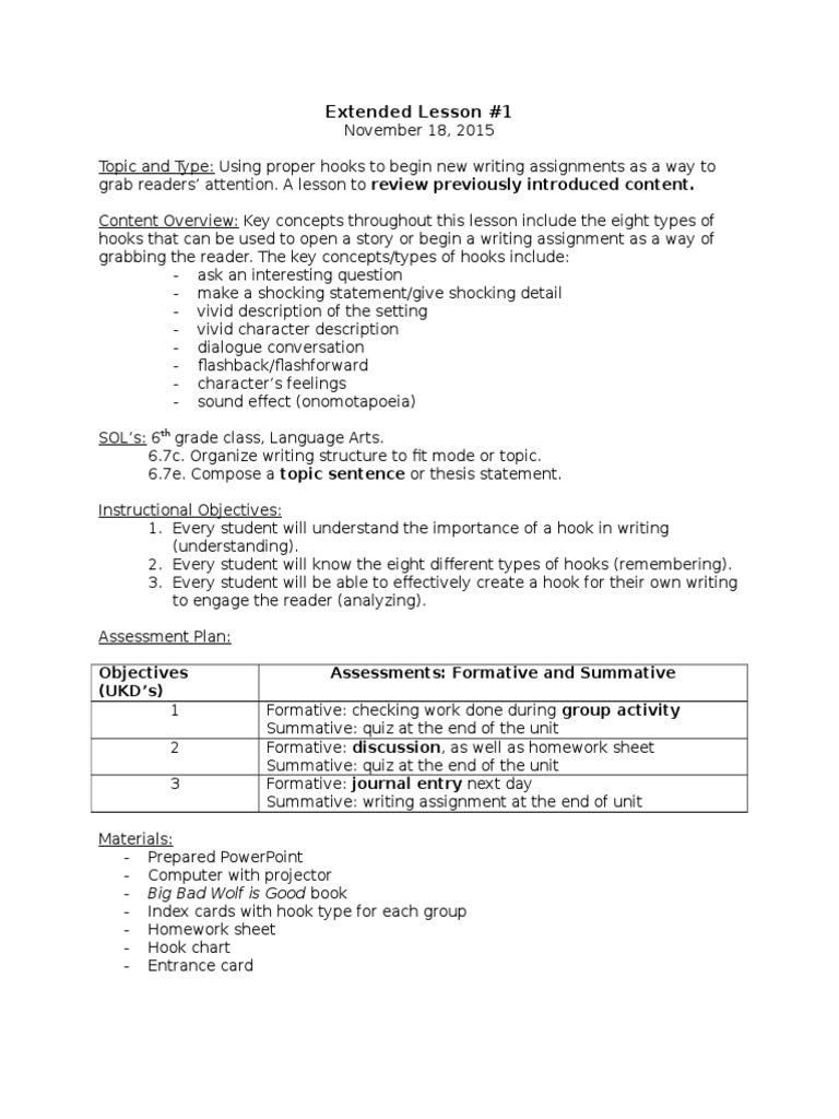 Writing Hooks Lesson Plan | PDF | Homework | Classroom