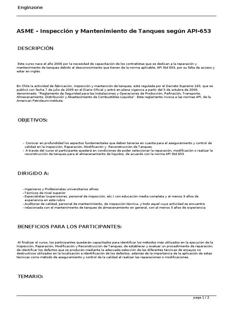Inspección y Mantenimiento de Tanques Según API-653 | PDF | Tanques ...