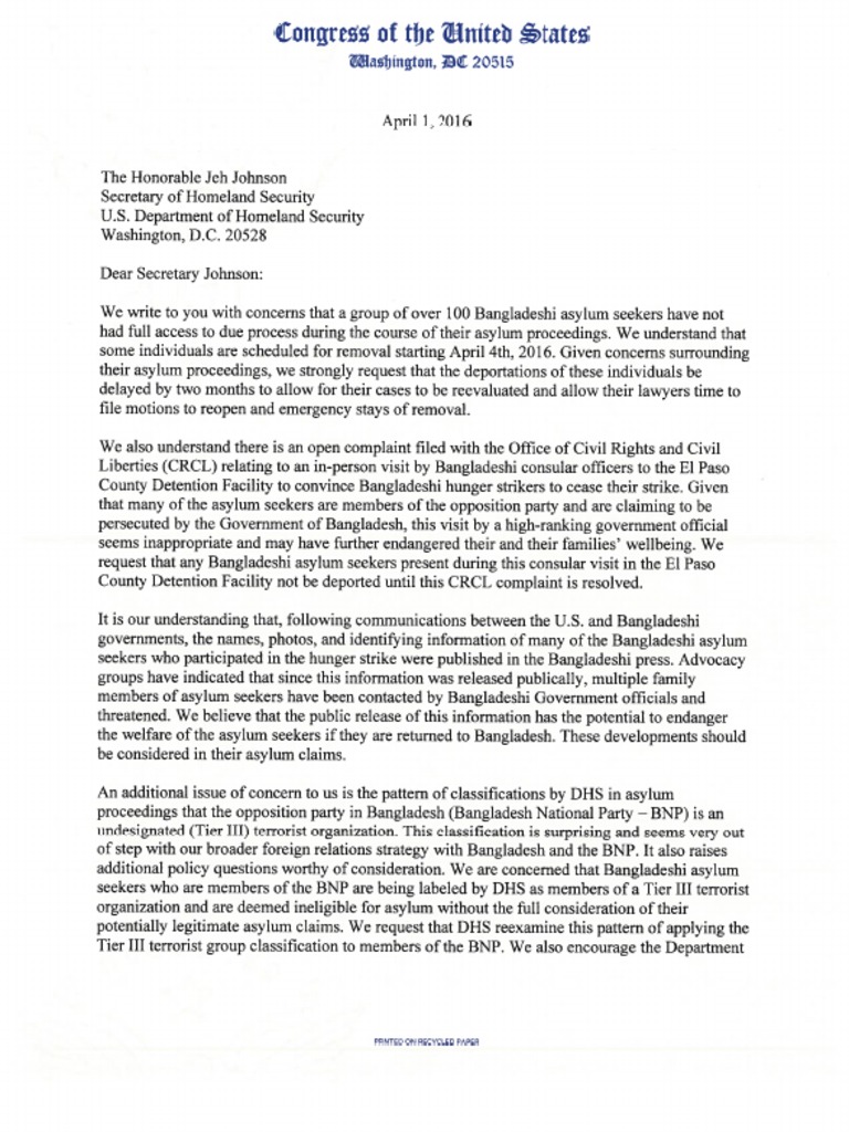 Letter to DHS on Bangladeshi Asylum Seekers | United States Department ...