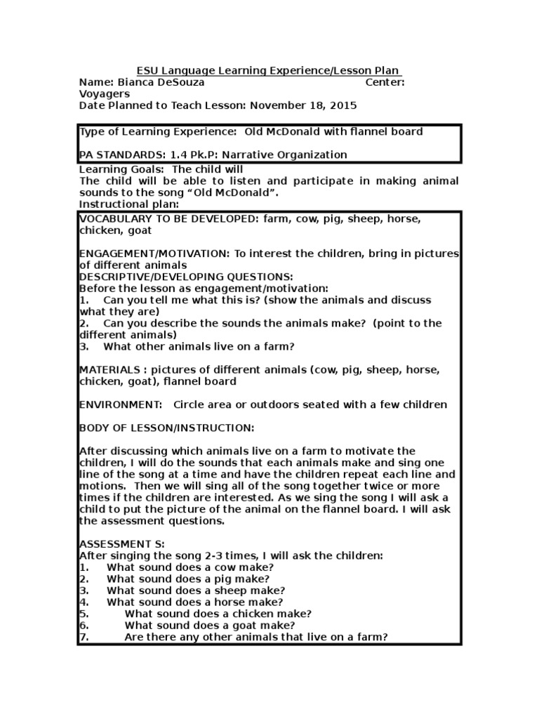 Old Mcdonald Lesson Plan | PDF | Lesson Plan | Teachers