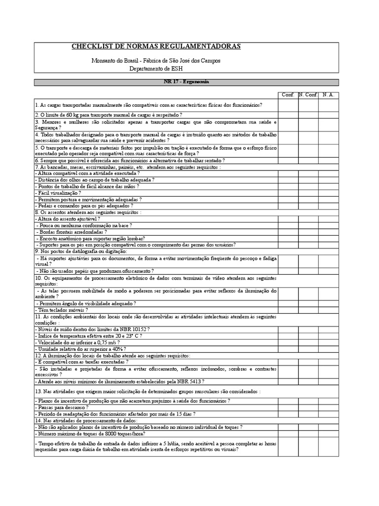 Check List - NR 17 - 01071 (E 2) | PDF | Natureza
