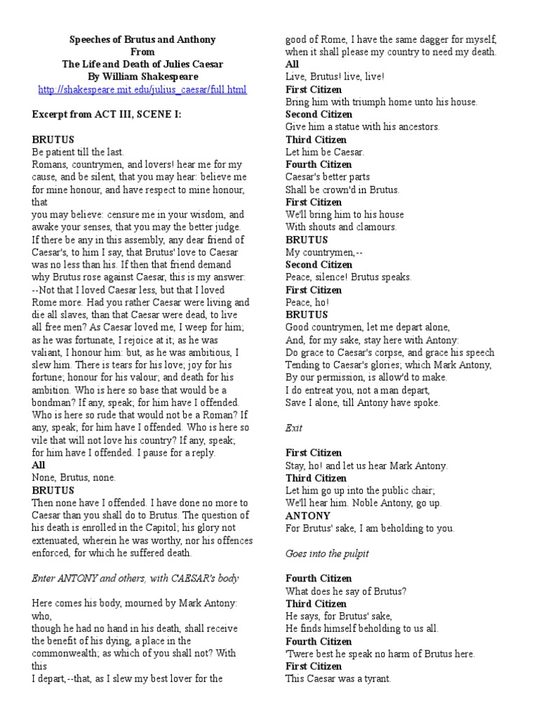 Brutus and Antony's Funeral Speeches | PDF | Julius Caesar | Mark Antony