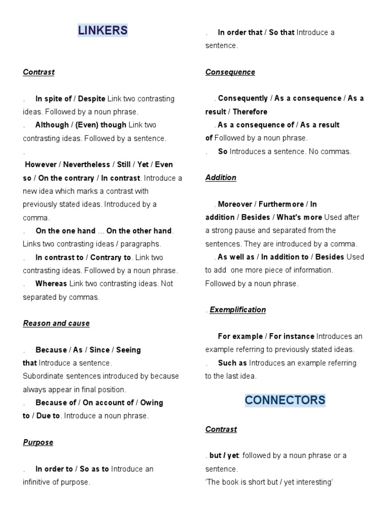 Linkers and Connectors | PDF | Comma | Phrase