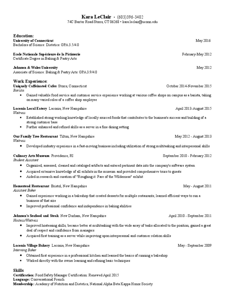 Kara LeClair: Culinary & Dietetics Resume | PDF | University Of ...