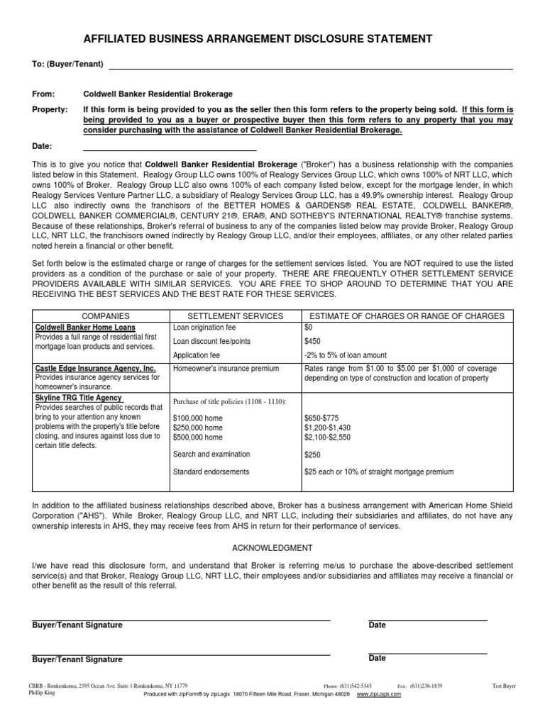 Affiliated Business Arrangement Disclosure Statement - Buyer ...