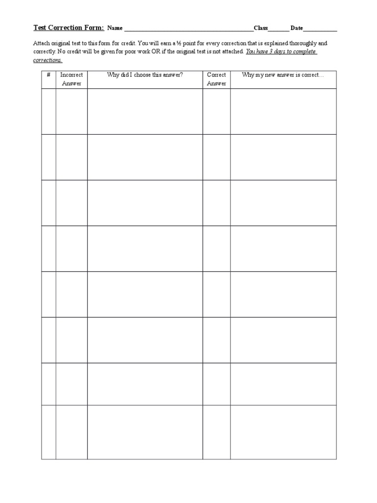 Test Correction Form Instructions | PDF | Career & Growth