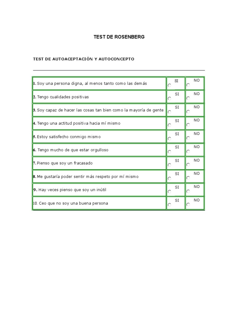 Test de Autoestima de Rosenberg | PDF | Crecimiento personal y ...