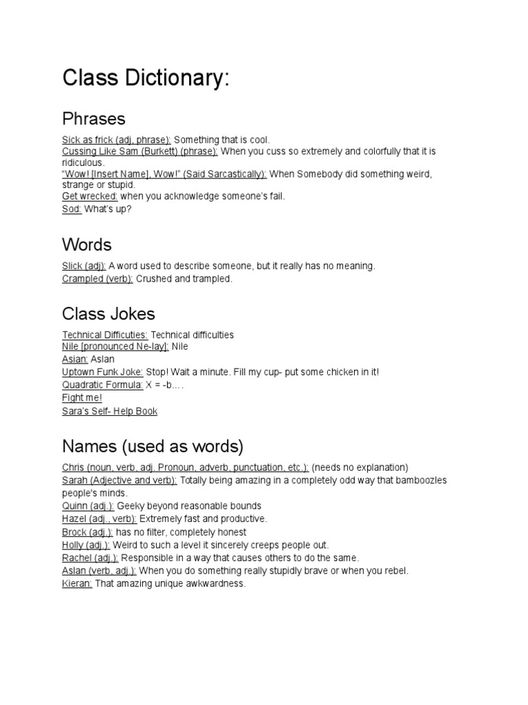 Unique Class Dictionary of Phrases & Jokes | PDF | Young Adult
