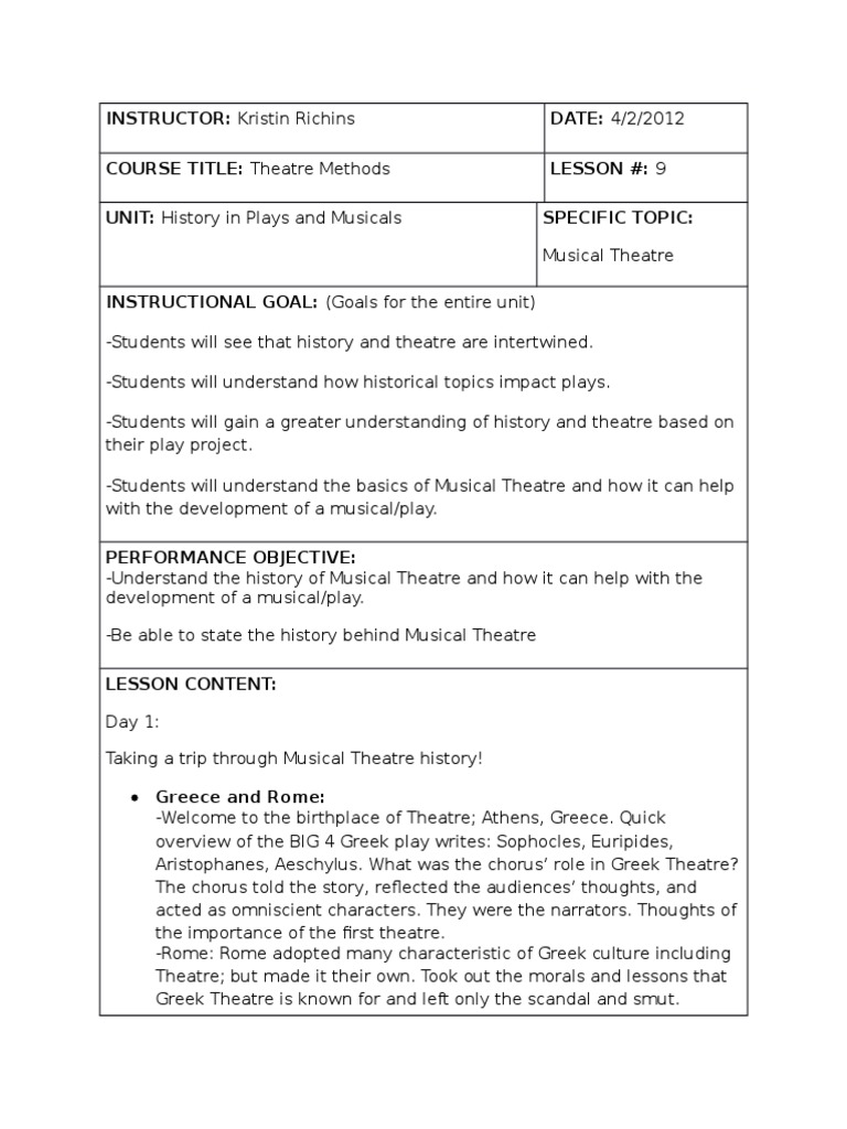 Lesson Plan #9 | Musical Theatre | Theatre