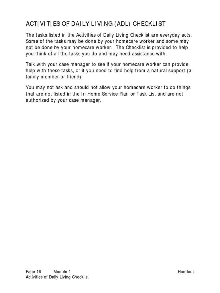 ADL Checklist | Housekeeping | Shaving