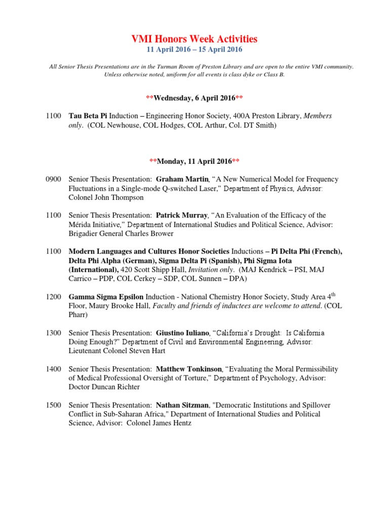 VMI Honors Week Activities 2016 PDF | PDF | Science | Nature