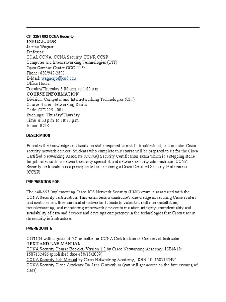 CIT2251 CCNA Security Syllabus | Download Free PDF | Cisco ... CIT2251 CCNA Security Syllabus | Download Free PDF | Cisco ...