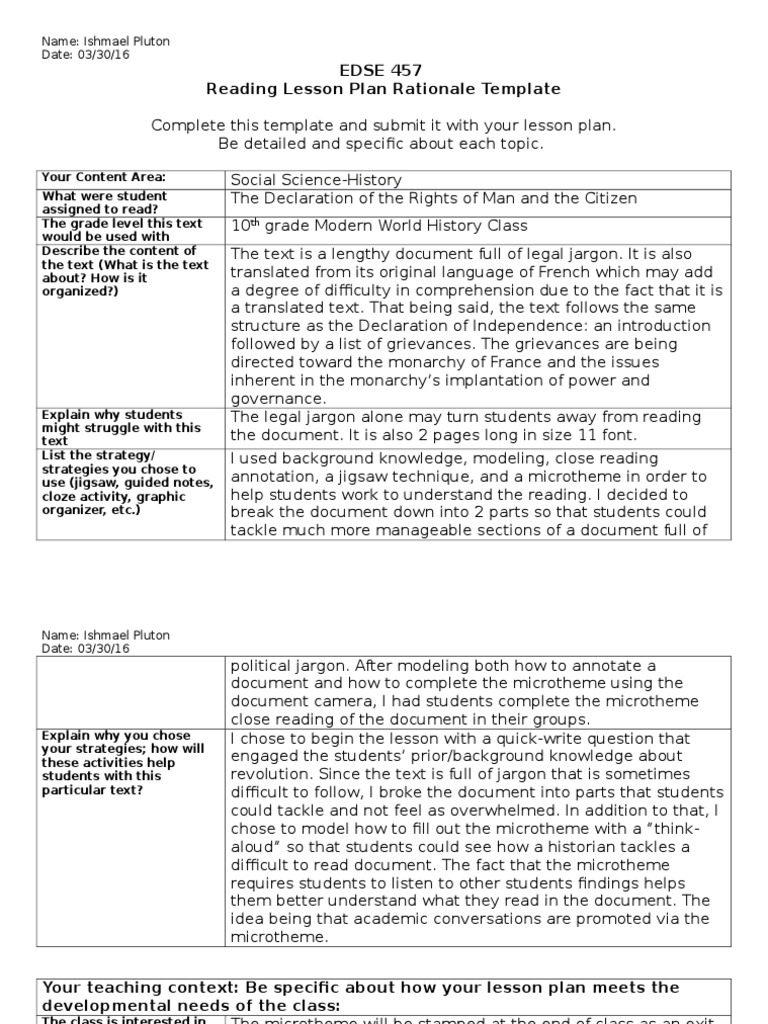 Spring 2016 Reading Lesson Plan Rationale | PDF | Lesson Plan | Reading ...